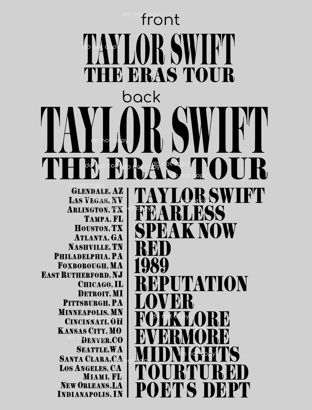 Eras Tour Front and Back | 2024 Dates Included Miami, Indianapolis, New ...