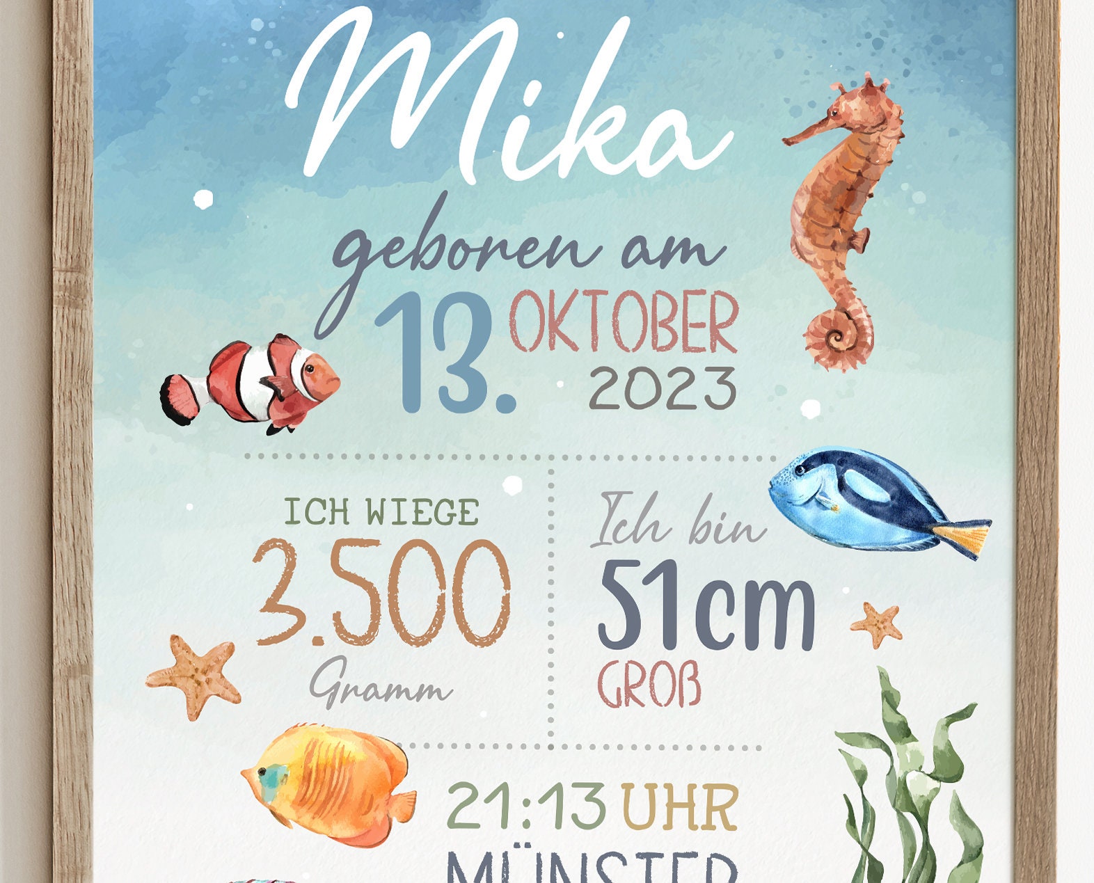 Birth Poster Ocean, Birth Chart, Birth Data Poster Sea Life, Birth ...