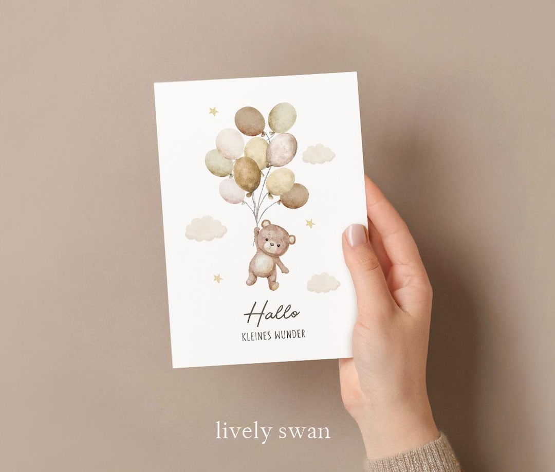 A6 Postcard for Birth, Natural Paper, Hello Little Miracle, Baby, Teddy Bear, Balloon ...