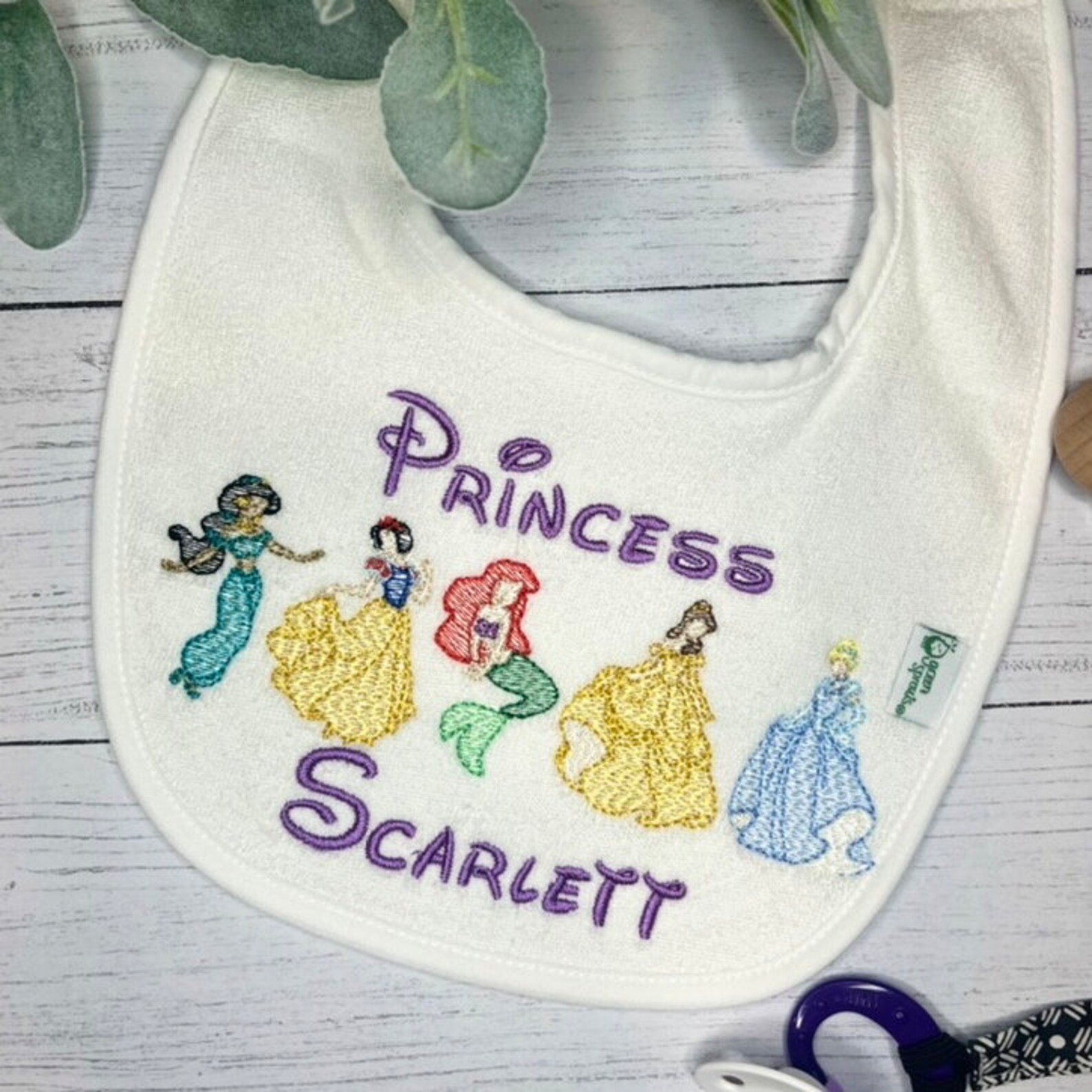 5 Disney Princesses Embroidered Waterproof Baby Bib, First Disney Trip ...