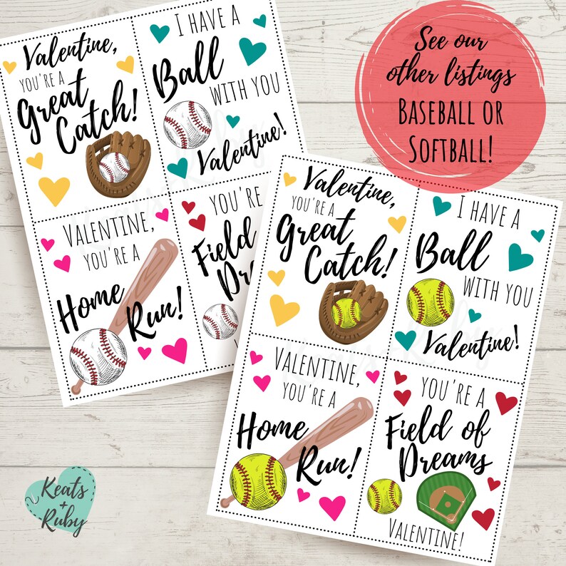 Softball Valentine's Day Cards for Kids Softball - Etsy