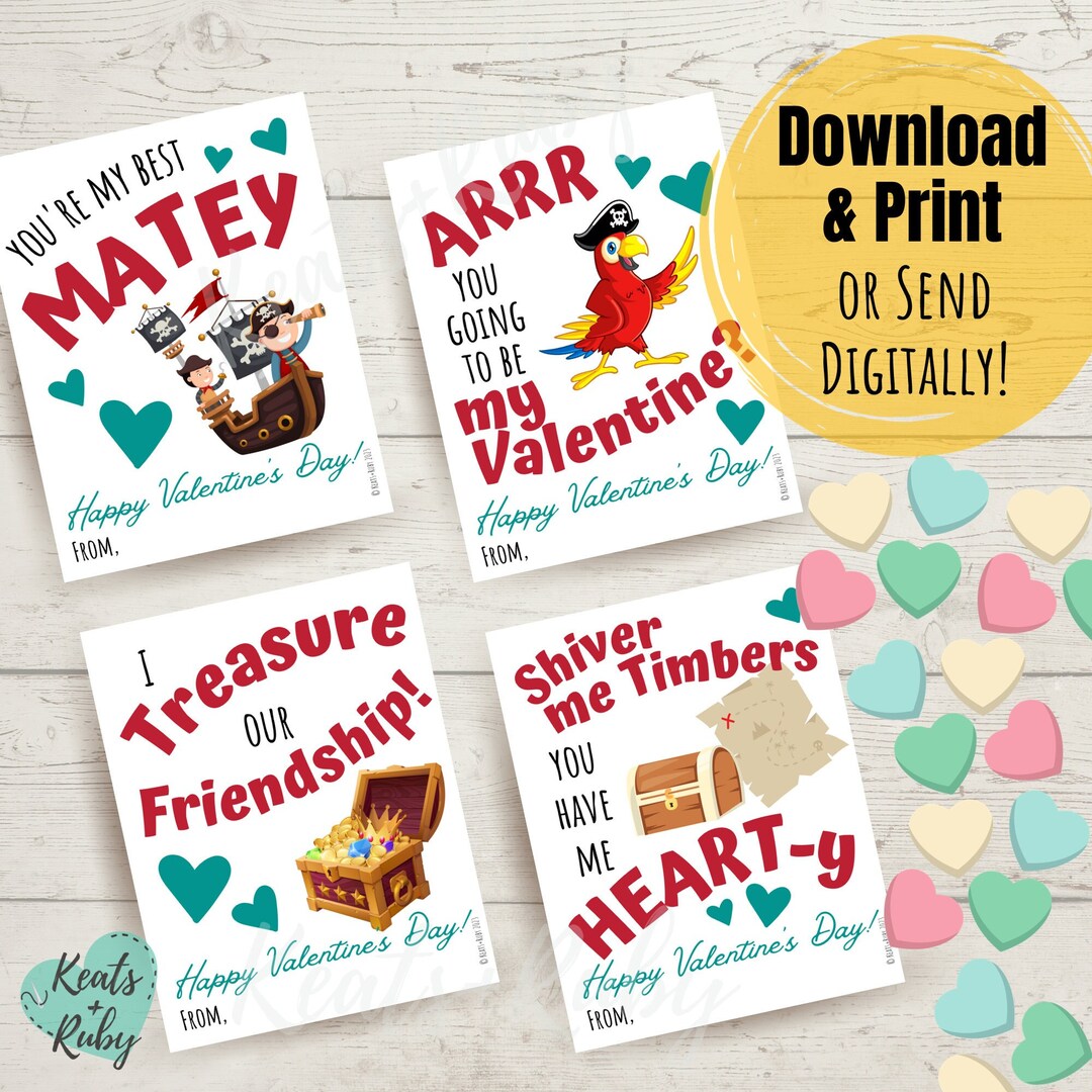Pirate Valentine's Day Cards for Kids Buried Treasure, Pirate Ship ...