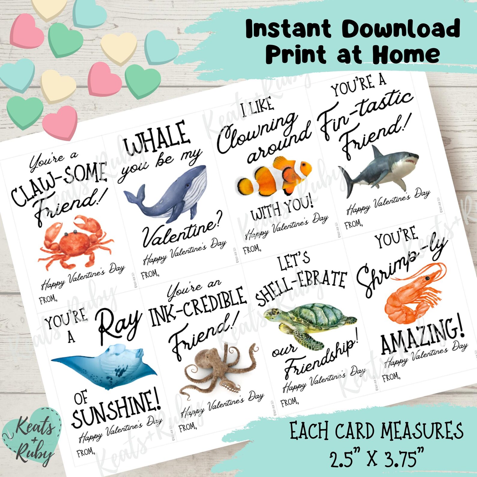 Ocean Animal Valentine's Day Cards for Kids - 8 Unique Designs | Sea ...