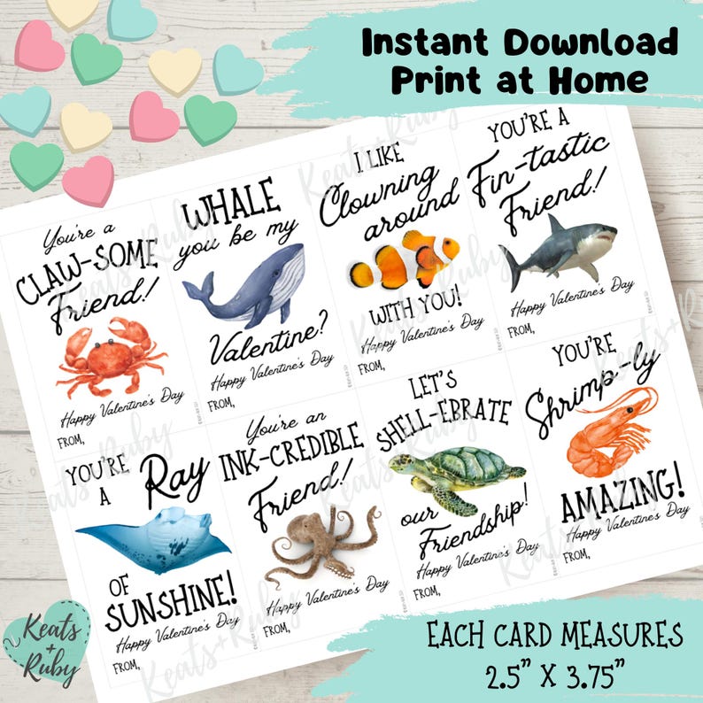 Ocean Animal Valentine's Day Cards for Kids - 8 Unique Designs | Sea ...