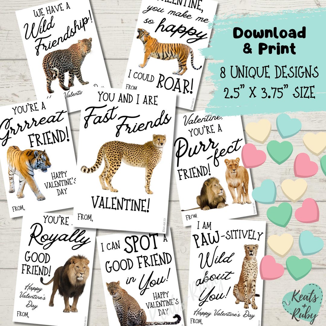 Big Cat Valentine's Day Cards for Kids - 8 Unique Designs | Lion, Tiger ...