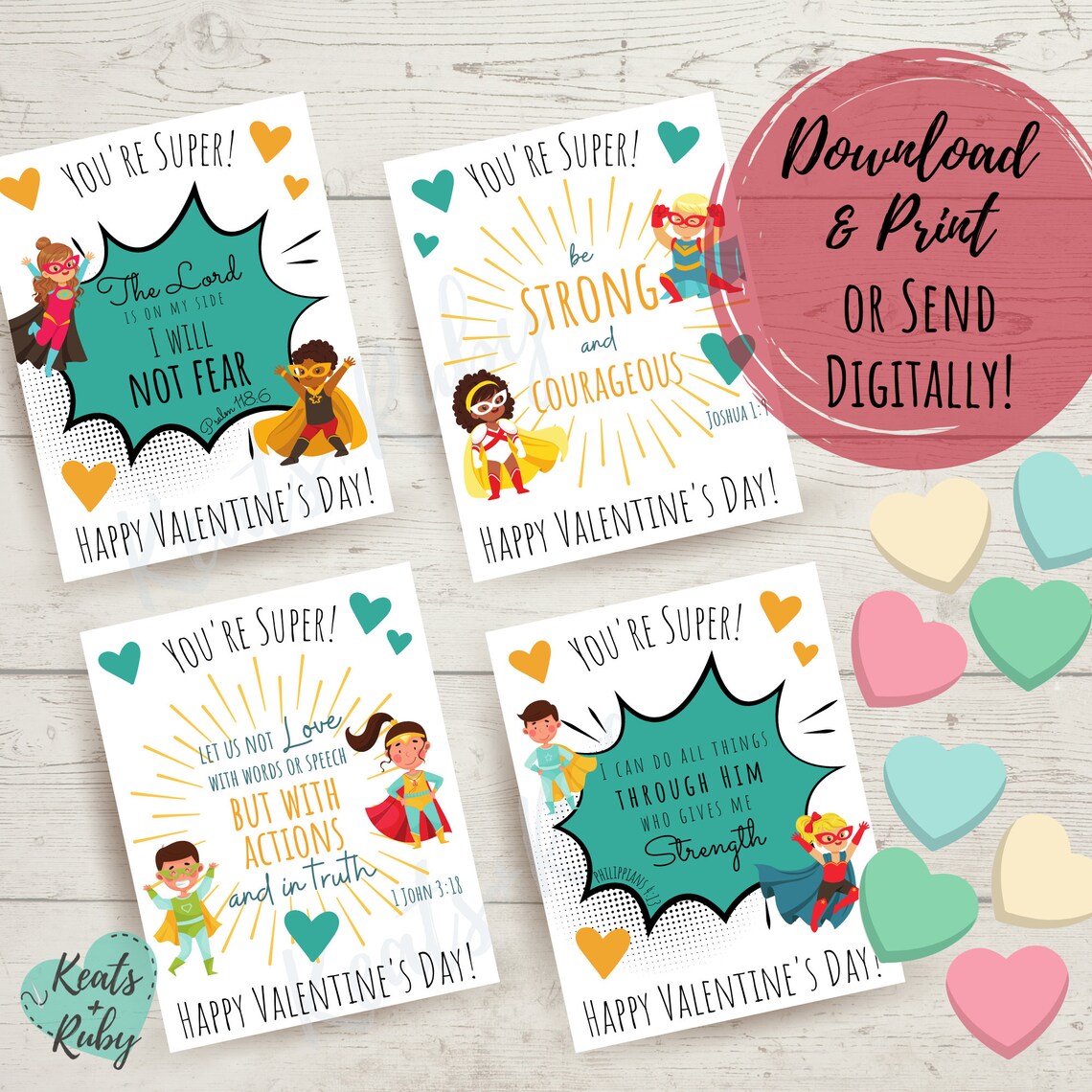 Superhero Valentine's Day Cards for Kids Bible Verse | Etsy