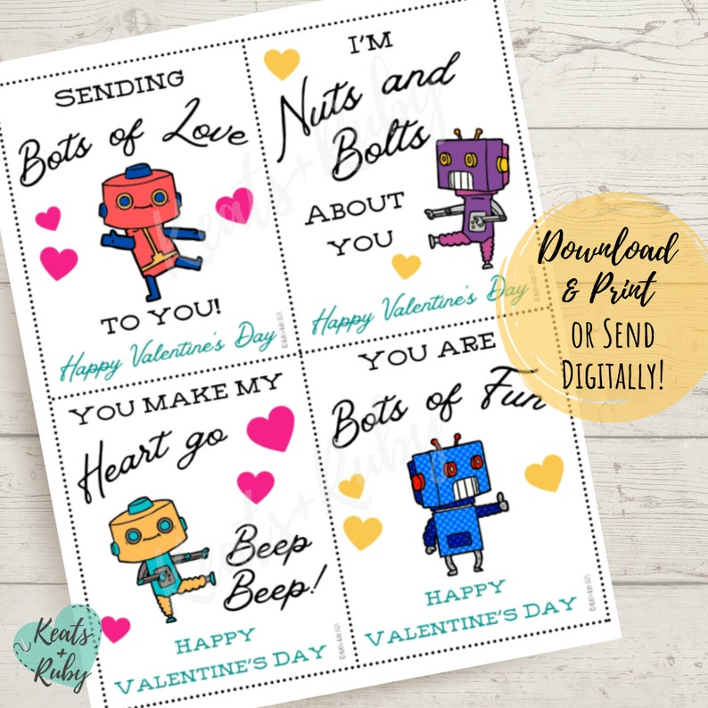 Robot Valentine's Day Cards for Kids Bots of Fun Bots - Etsy