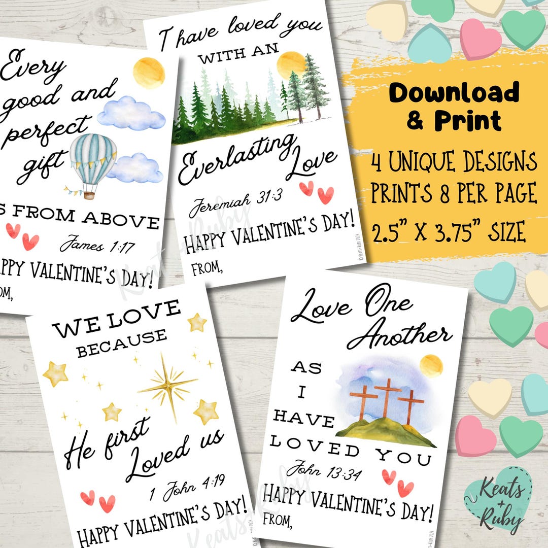 Christian Valentine's Day Cards for Kids Watercolor Designs, Bible ...