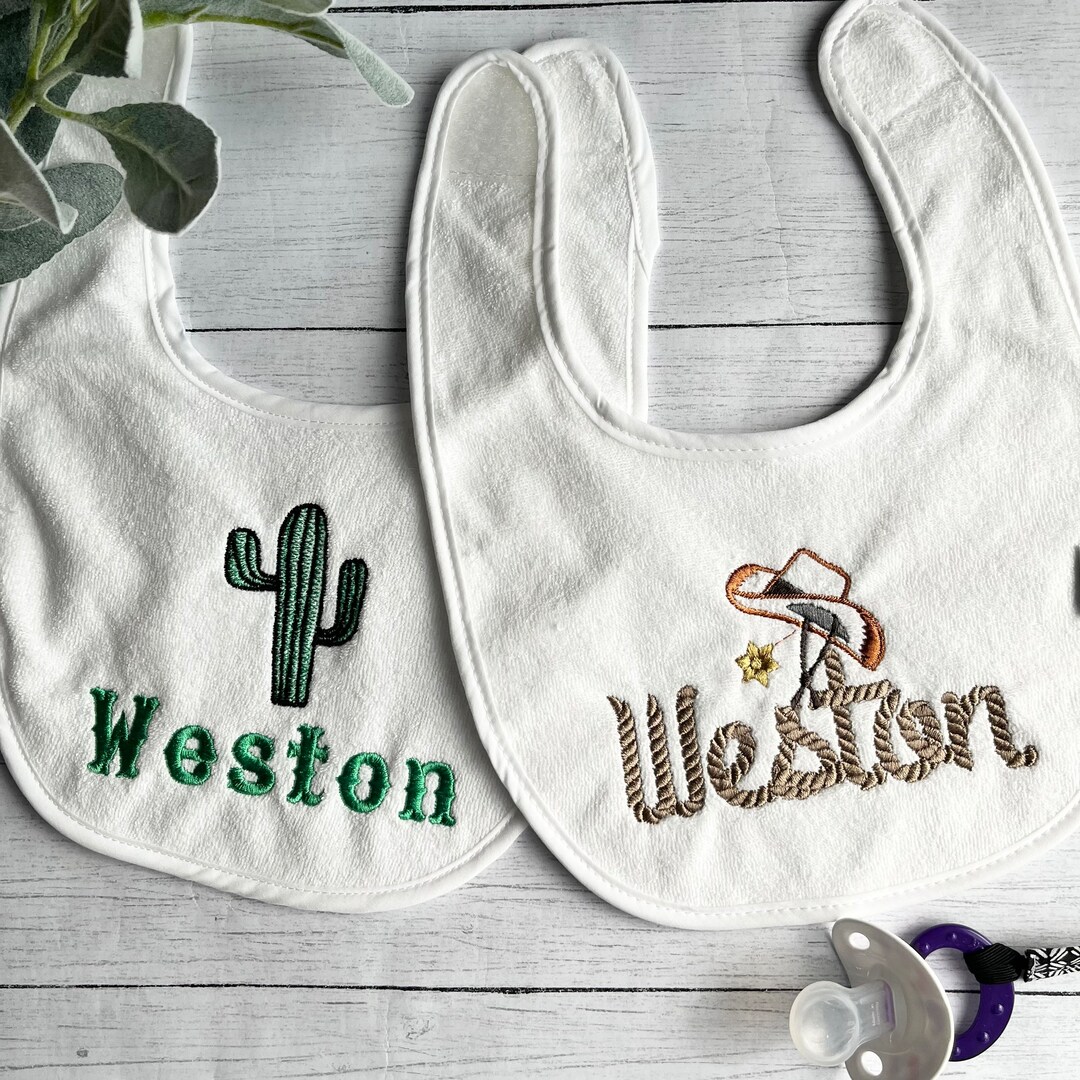 Western Theme, Cowboy Hat, Cactus Embroidered Waterproof Baby Bib ...