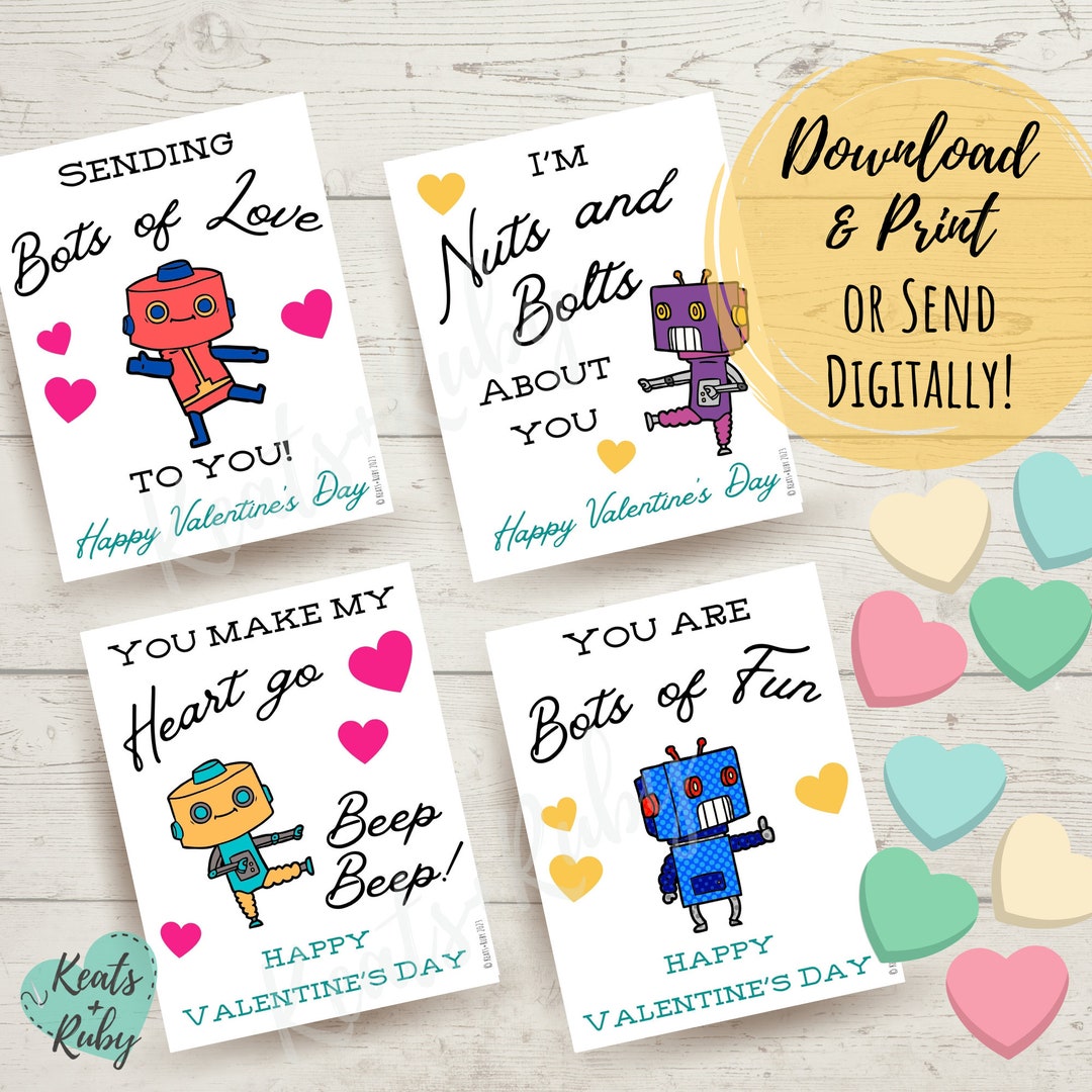 Robot Valentine's Day Cards for Kids Bots of Fun, Bots of Love Robot ...