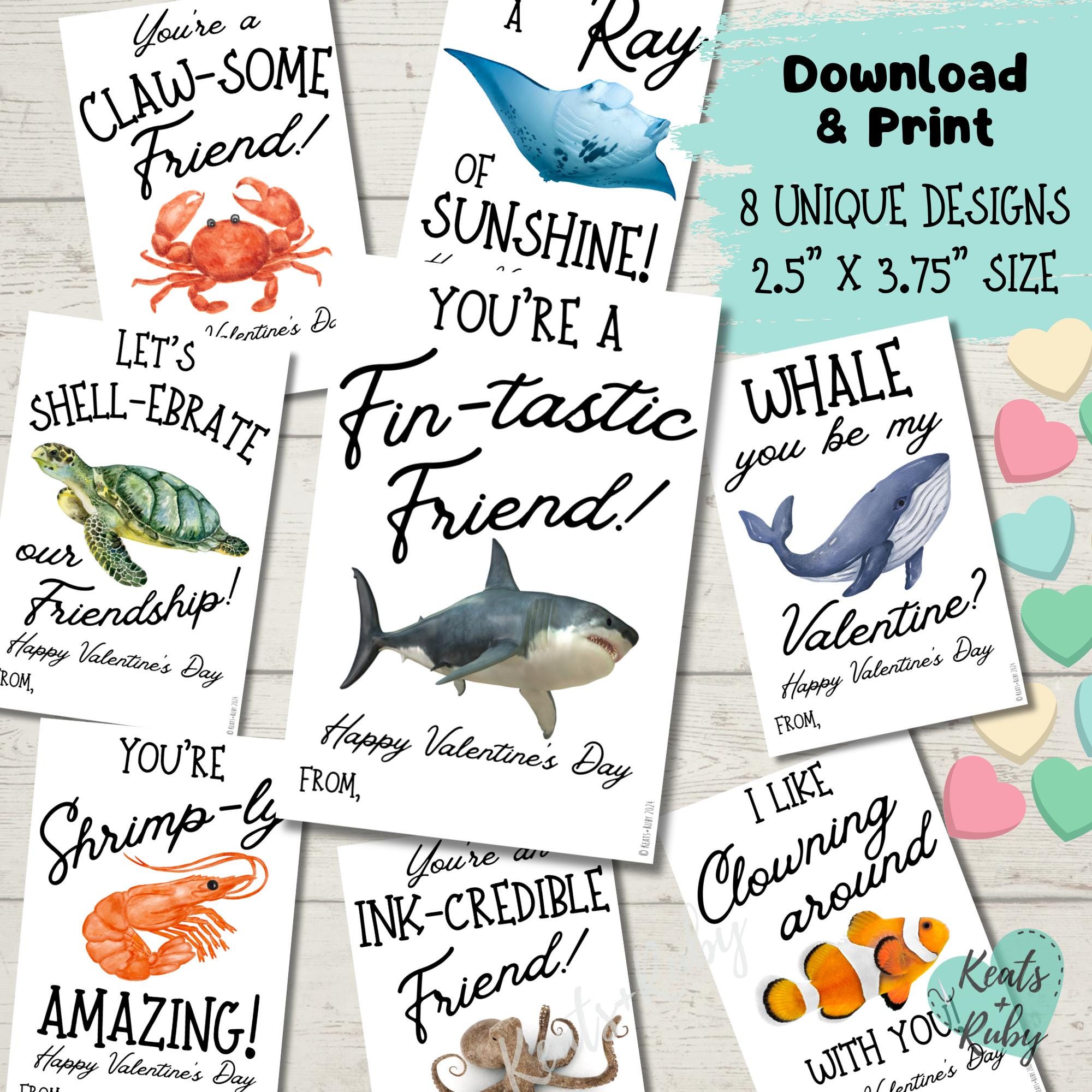Ocean Animal Valentine's Day Cards for Kids - 8 Unique Designs | Sea ...