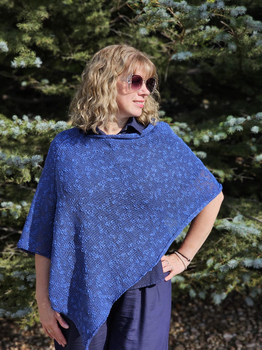 All Seasons Blue Knitted Poncho (texture Linen/cotton) Super Soft One ...