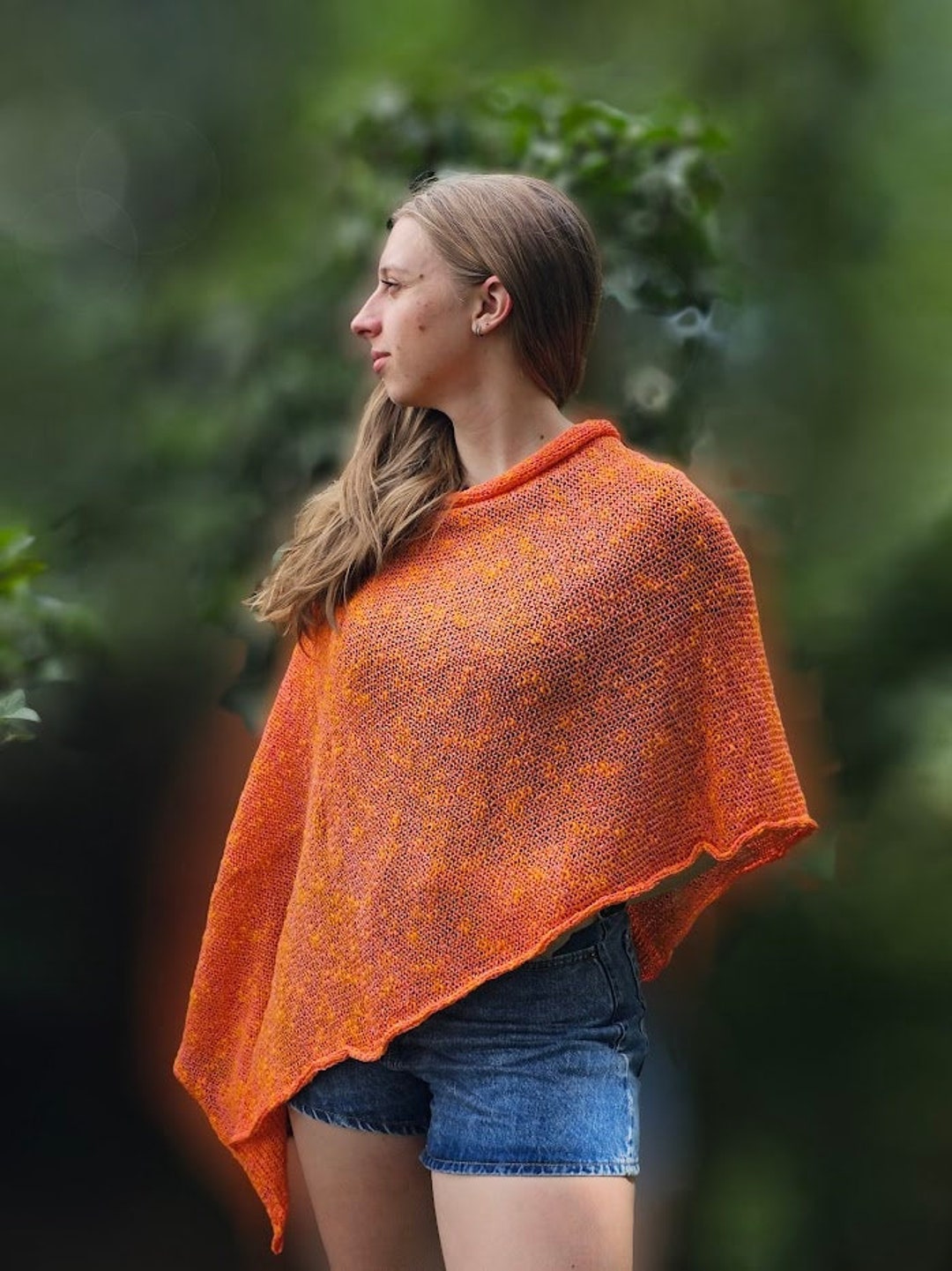 Summer Orange Knitted Poncho texture Rayon/linen/cotton Super Soft One ...