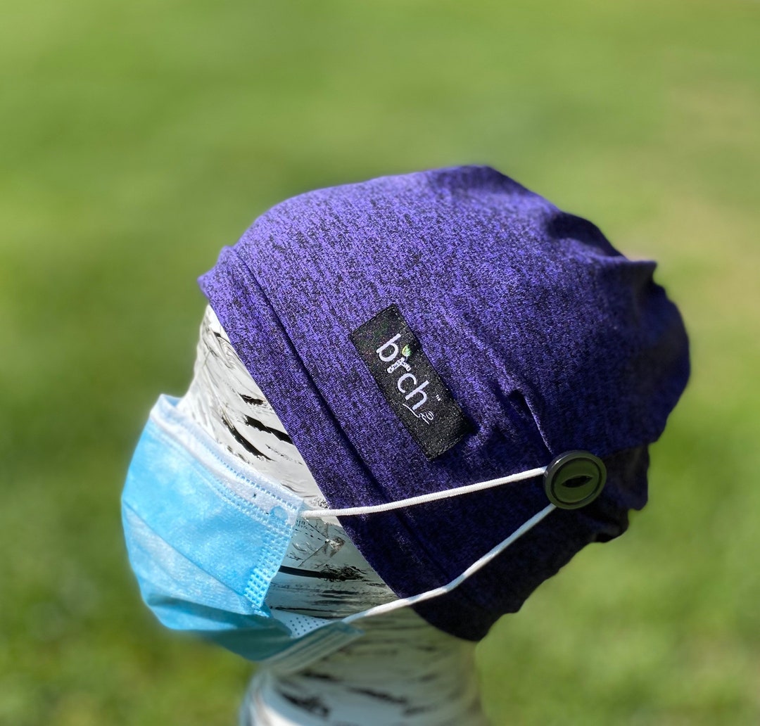 Purple Scrub Cap With Buttons - Stretch Hat for Ponytail & Bun No Tie ...
