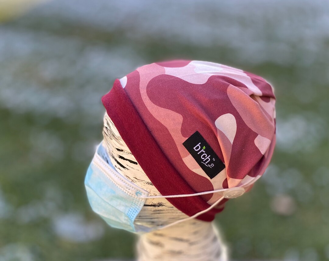 Pink, Maroon Camo Scrub Hat With Buttons, Stretch Cotton Comfort Fit ...