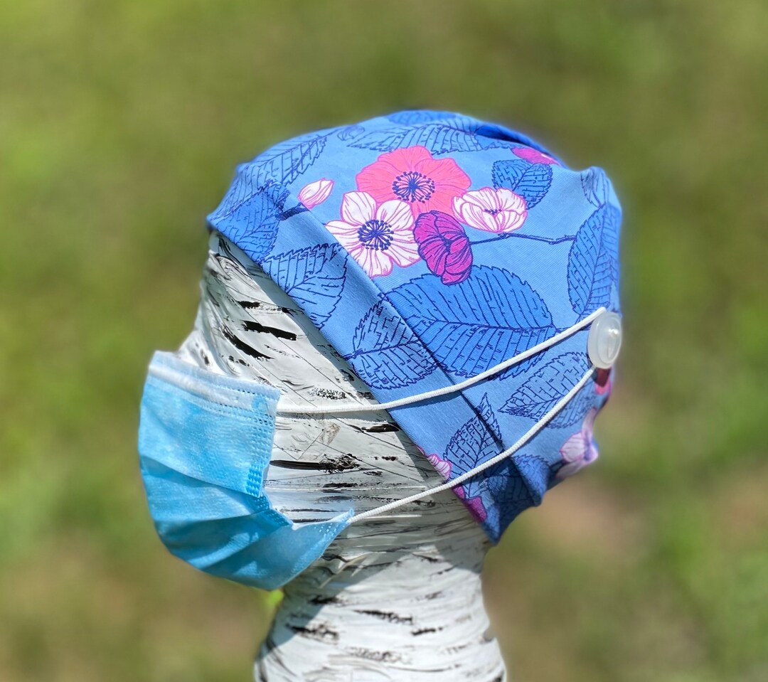 Periwinkle Blue, Fushia Flower Scrub Cap With Buttons - Stretch Comfort ...