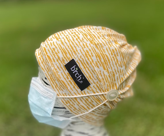Mustard Yellow Stripe on White Scrub Cap With Buttons No Tie - Etsy