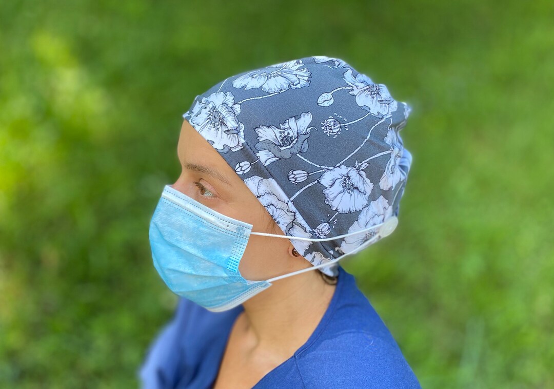 White Flower on Gray Scrub Cap With Buttons - Stretch Comfort Fit, Full ...