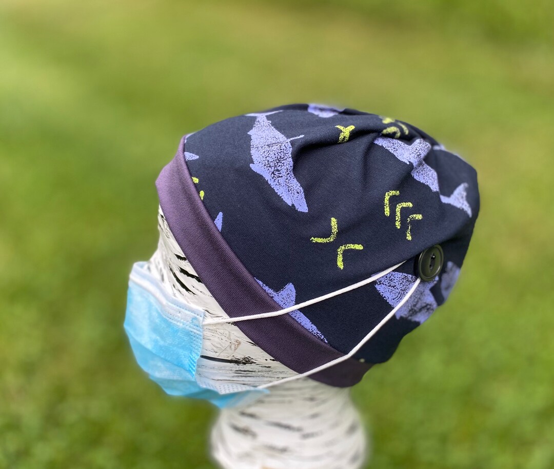 Sharks on Navy Blue Scrub Cap - No Slip - Moisture-wicking, No Ties ...
