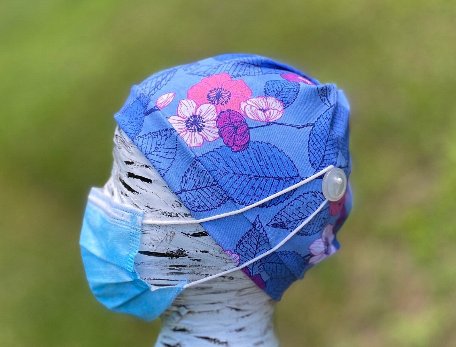 Periwinkle Blue, Fushia Flower Scrub Cap With Buttons - Stretch Comfort ...