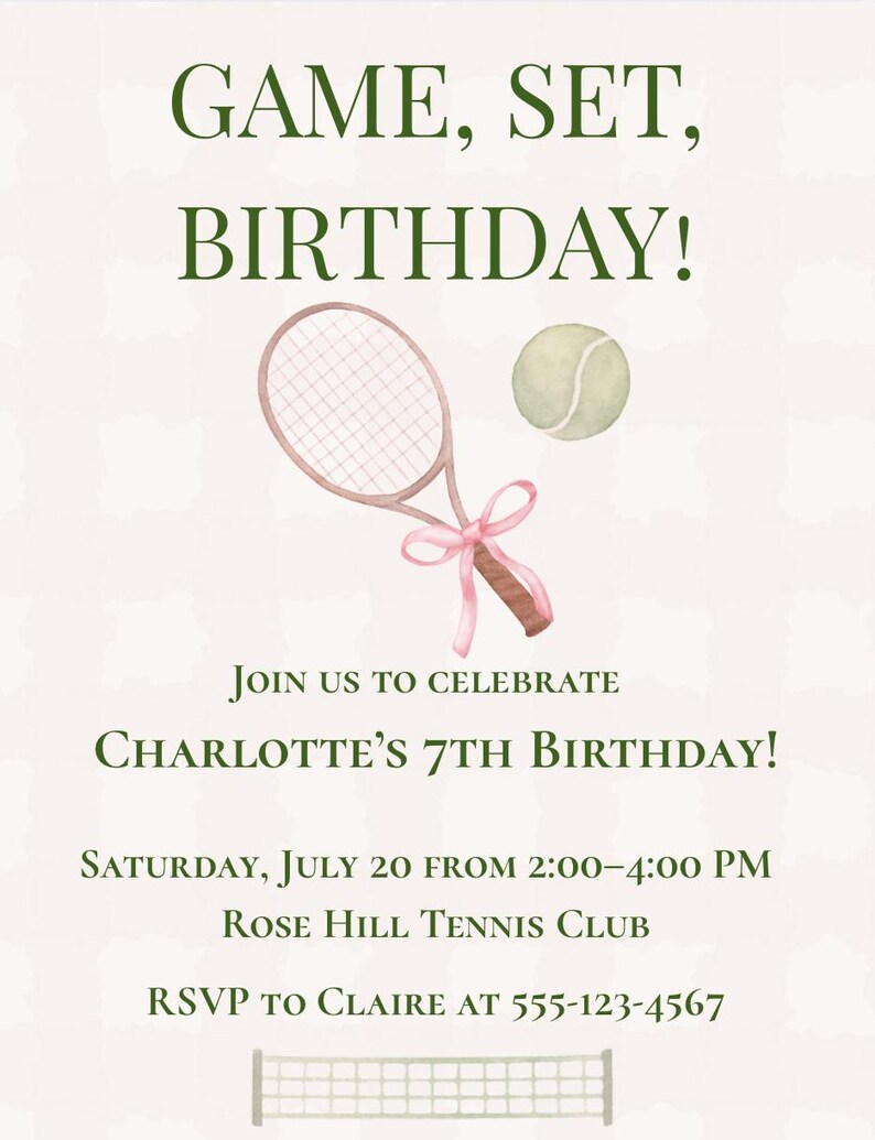 Editable Tennis Birthday Party Invitation Template, Girls Birthday ...