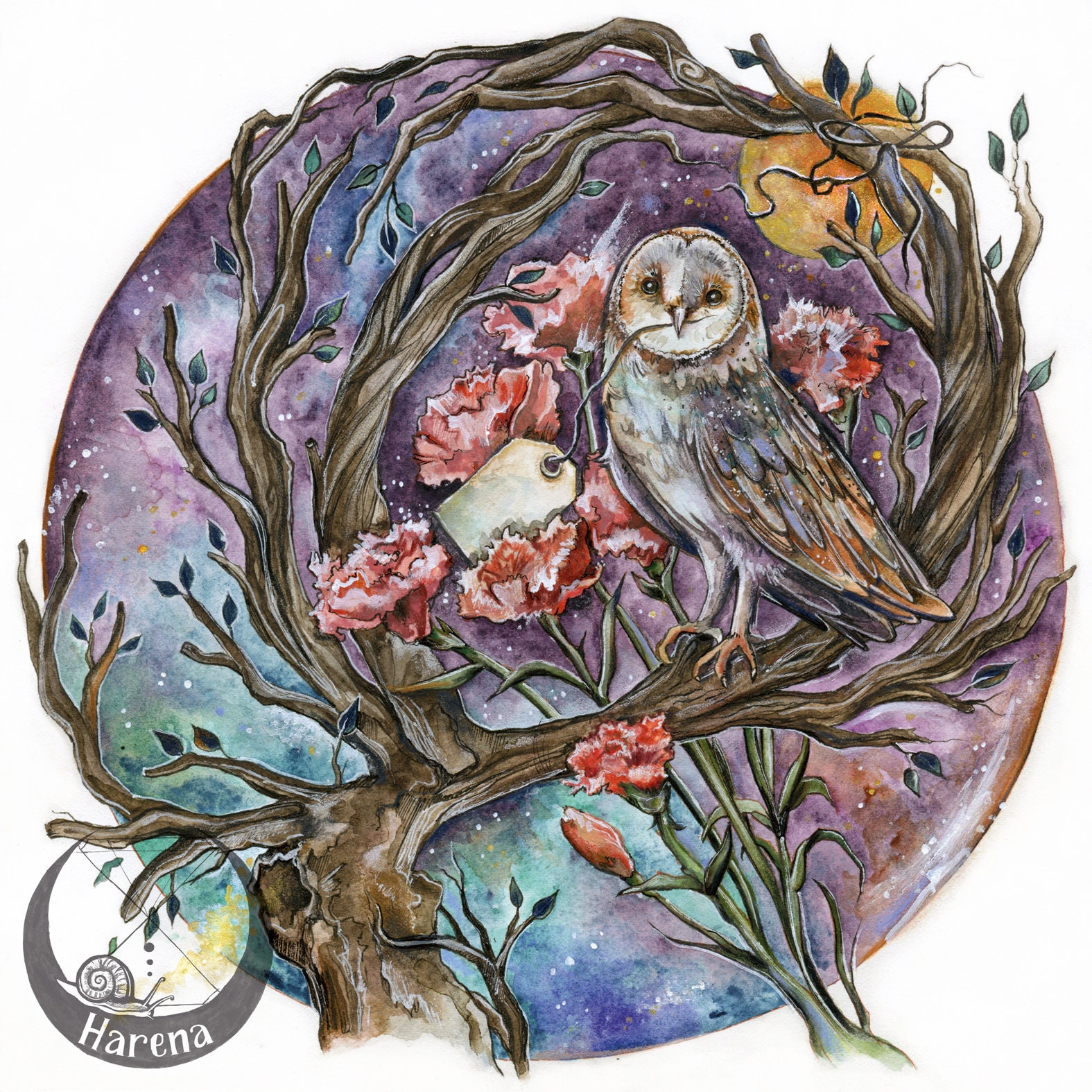 The Owl (original & Art Print) - Birth Month January, Carnations, Bird ...