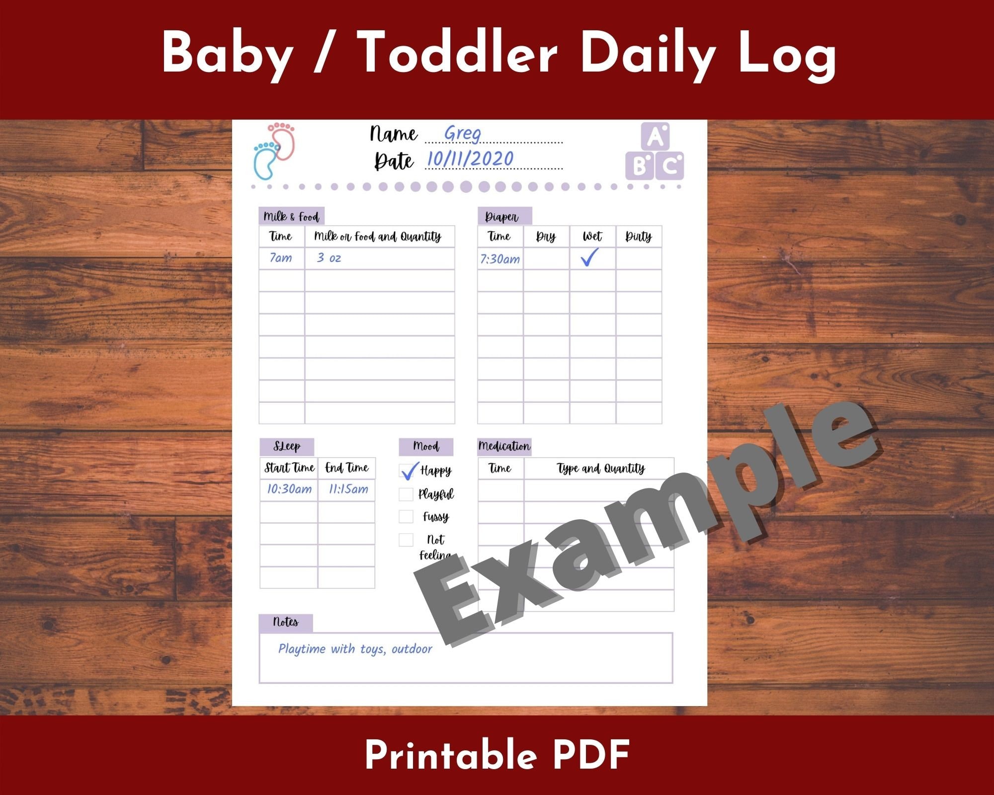 Printable Baby & Toddler daily Log Nanny Log Babysitter | Etsy