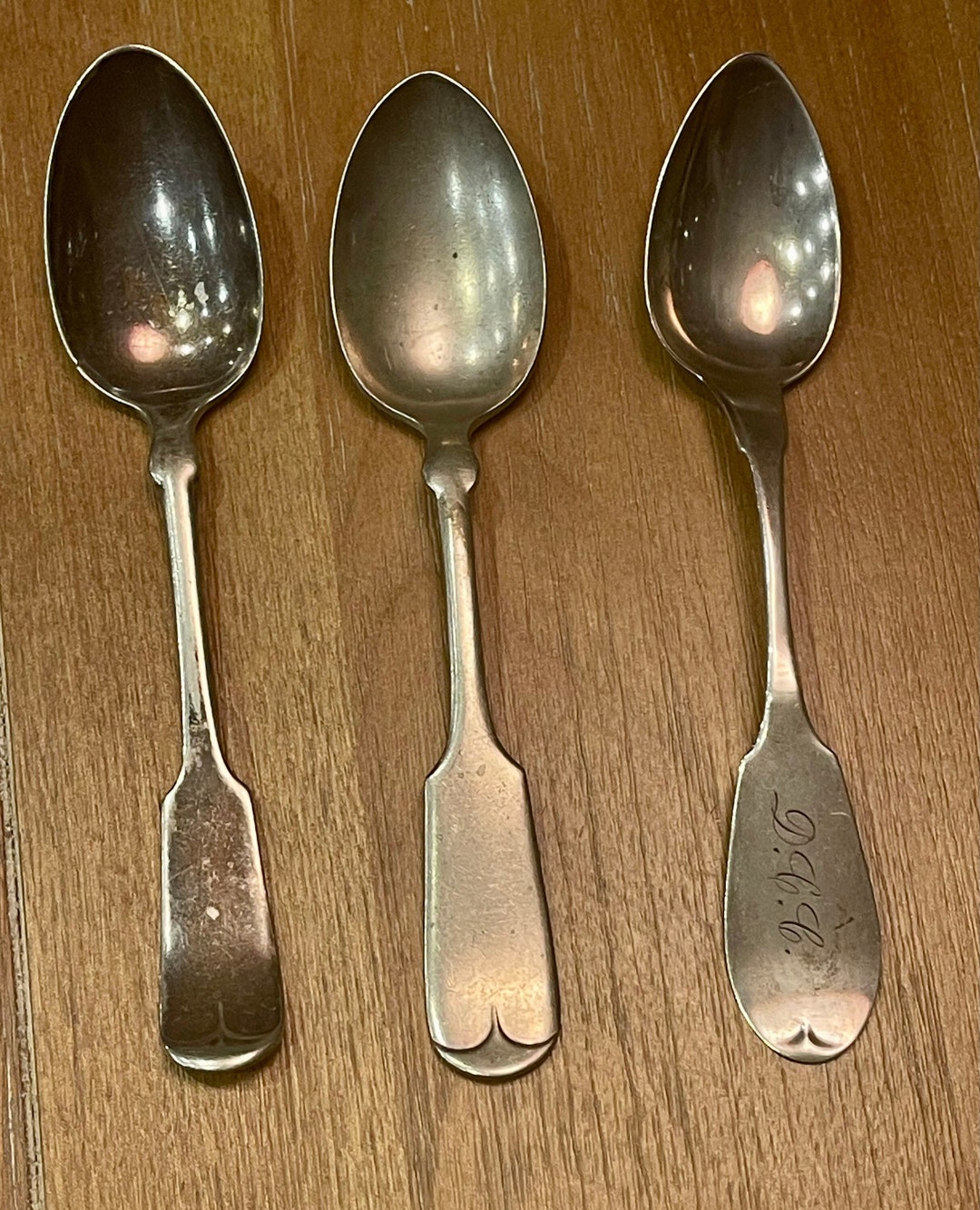 3 Various, Rare Antique, Coin, Fiddleback Tipped Spoons, 1835 R Wallace ...