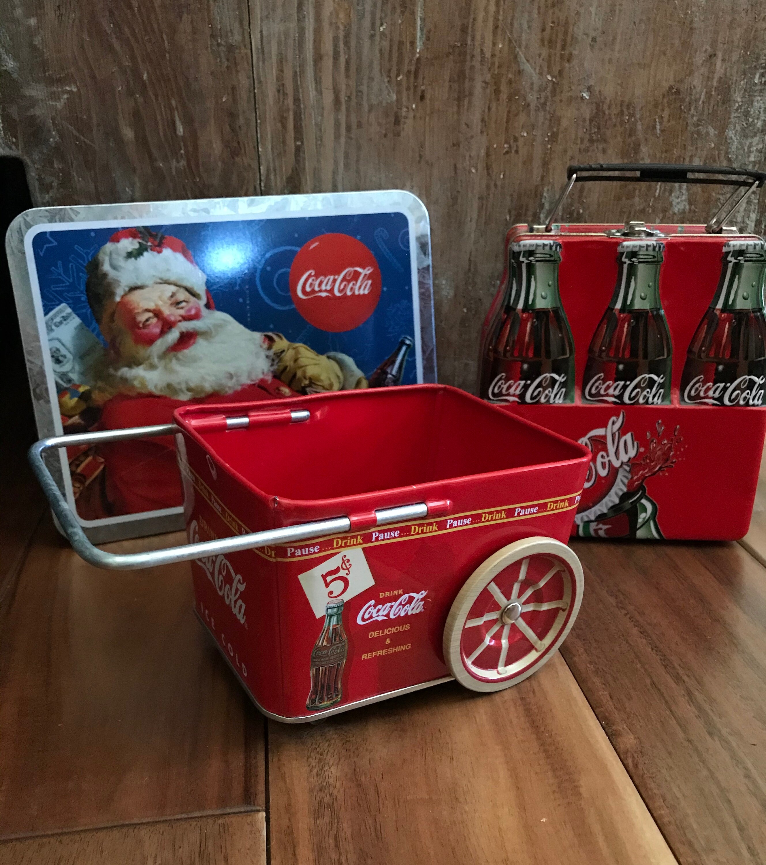3 Pcs Coca-cola Collectable Tins Push Cart on Wheels, Small Snack Box ...