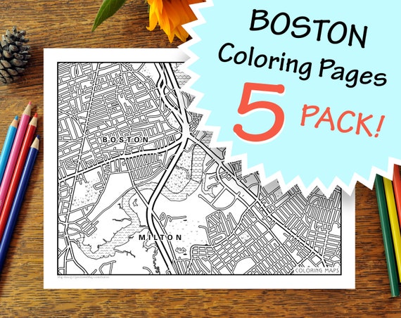 5 Pack Boston Coloring Pages for Adults Street Map City - Etsy