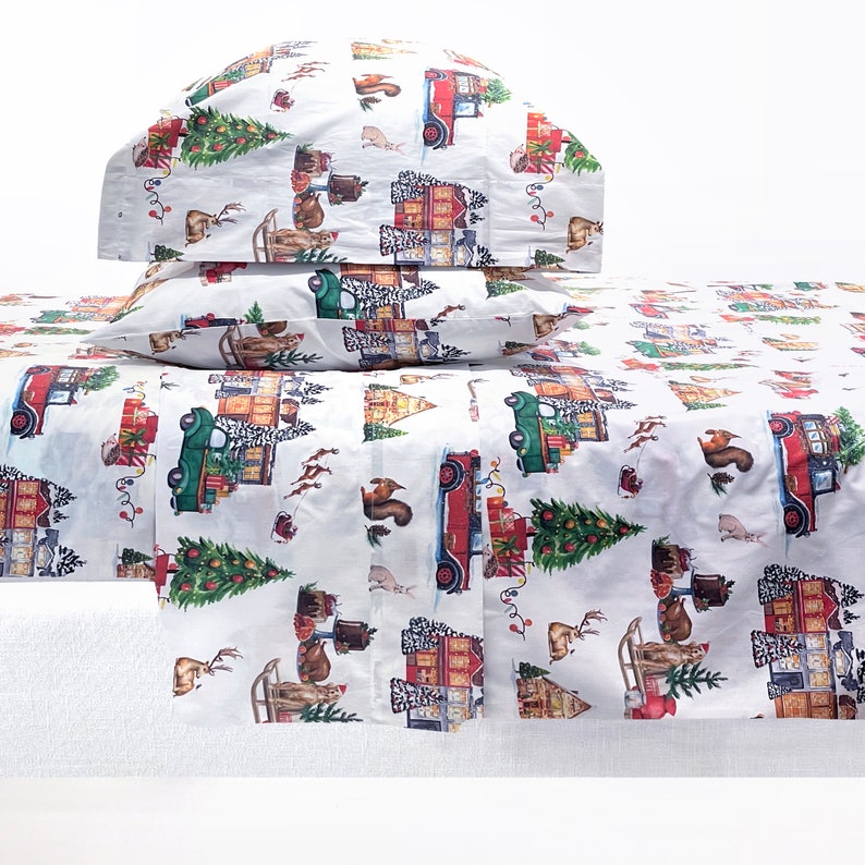 White Christmas Farm Cotton Printed Sheet Set - Etsy