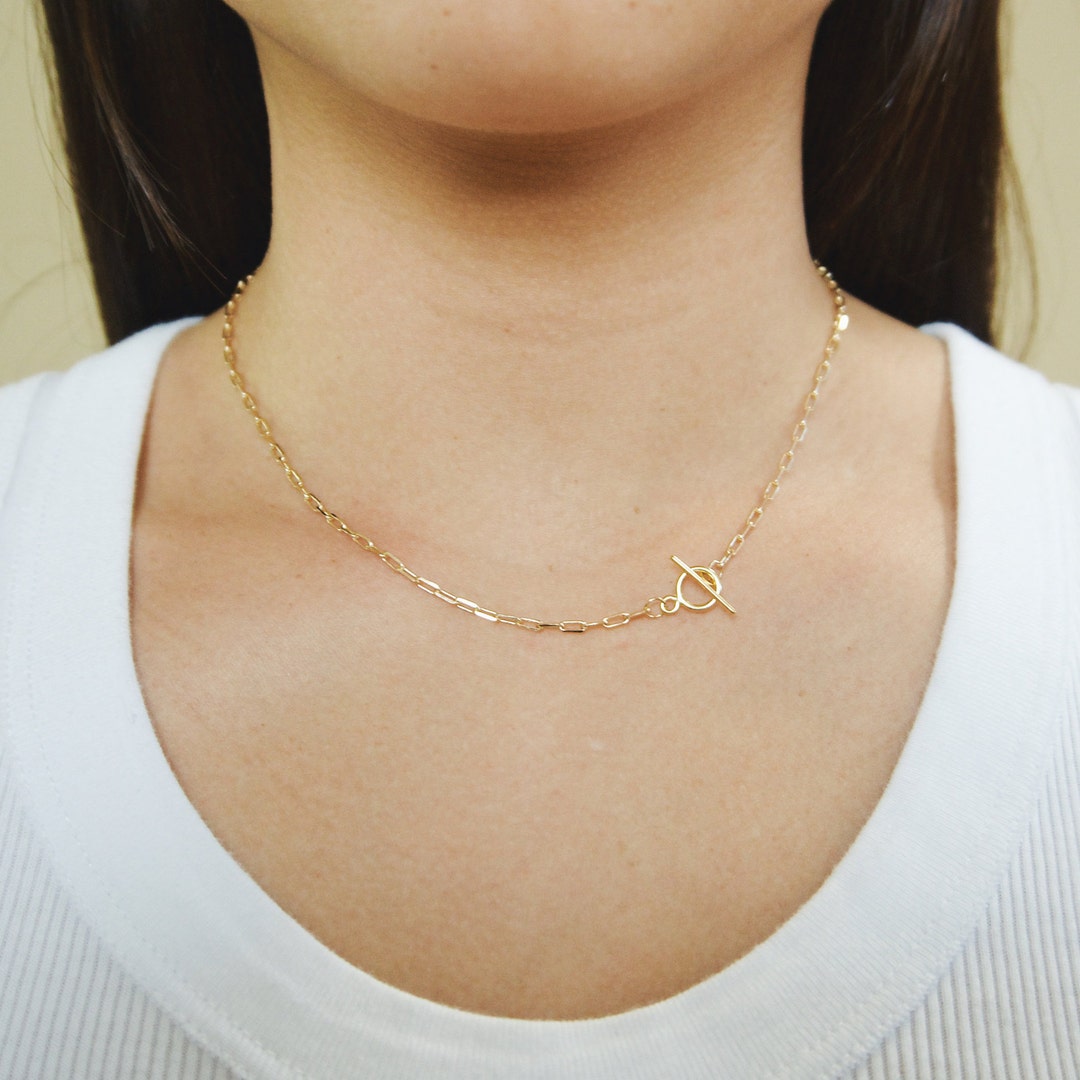 Gold Toggle Clasp Necklace / Paperclip Chain Choker / Rectangle Link ... Gold Toggle Clasp Necklace / Paperclip Chain Choker / Rectangle Link ...