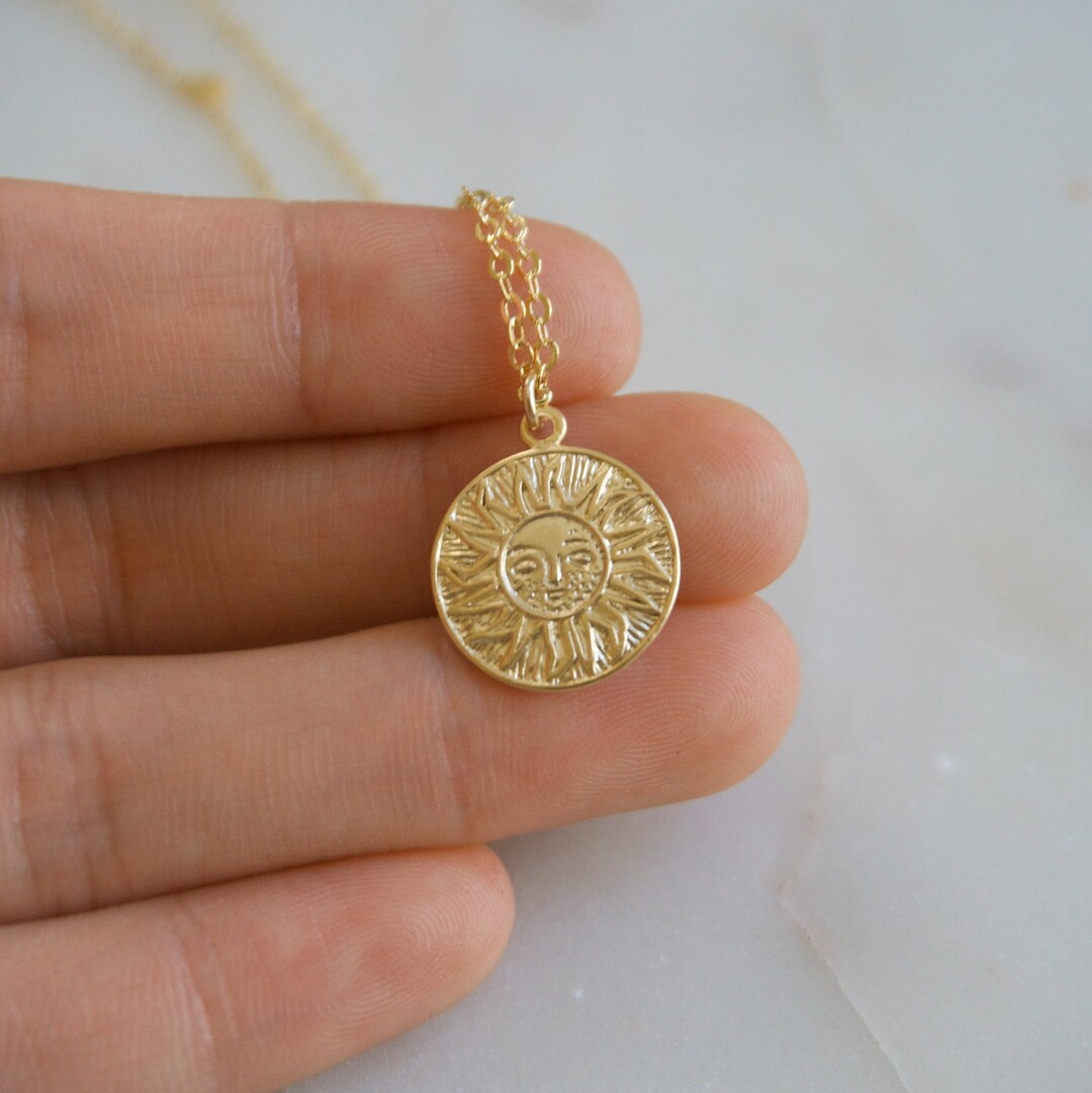 Gold Sun Coin Necklace / Sunburst Charm / Dainty Gold Necklace / Tiny ...
