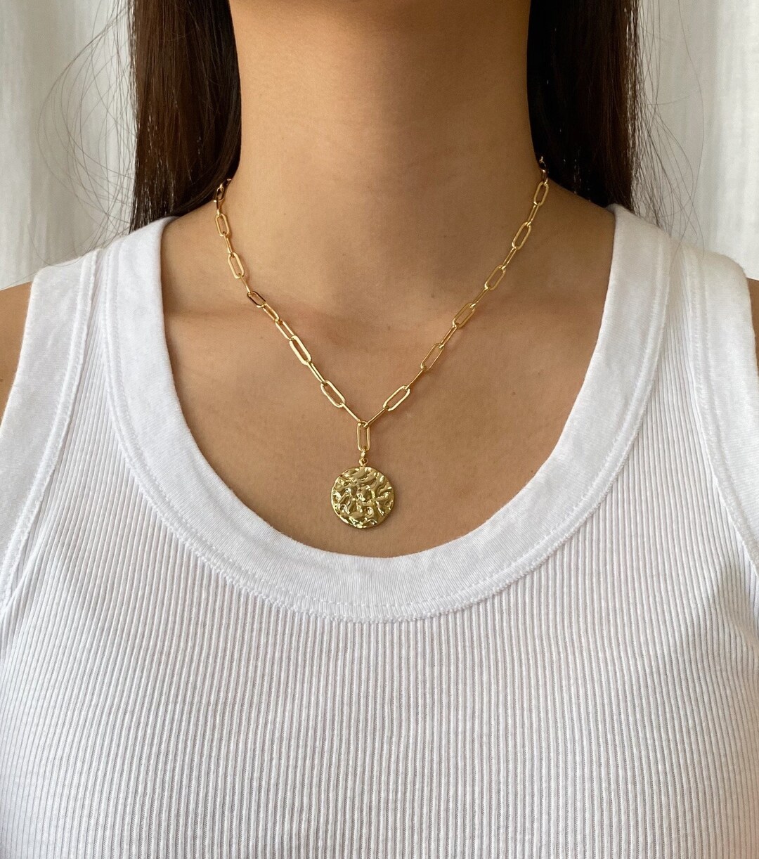 Hammered Gold Circle Charm / Chunky Link Chain / Rectangle Link Chain ...