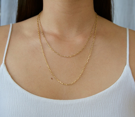 Dainty Rectangle Link Chain Necklace / Gold Paperclip Chain / | Etsy