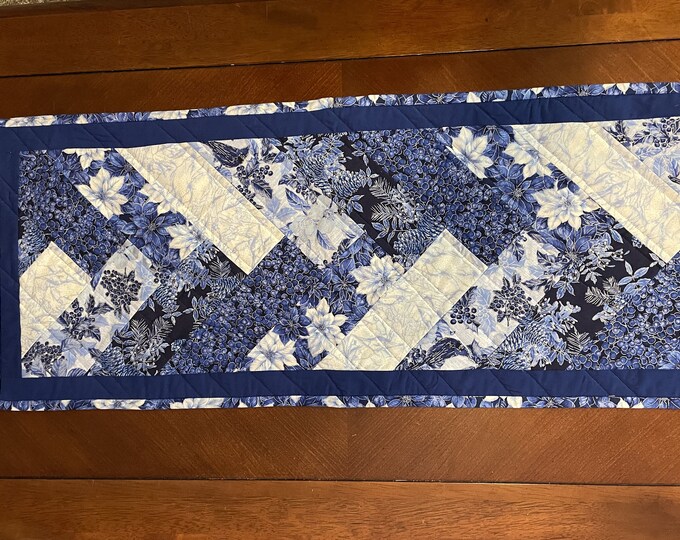 Christmas Table Runner, Blue Christmas Table Runner, Poinsettia Table ...
