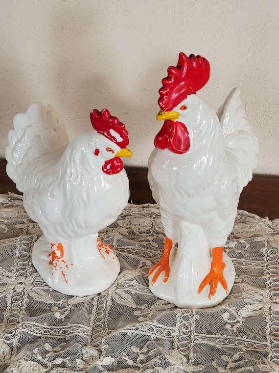 Vintage Rooster and Hen Set White Painted Ceramic Japan - Etsy