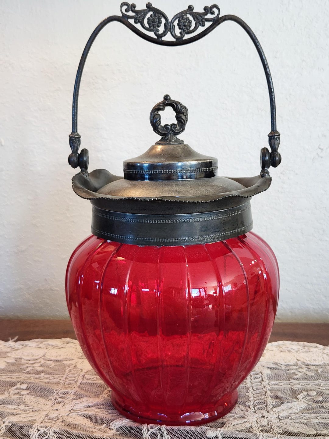 Antique Biscuit Jar Ribbed Glass Pigeon Blood Red Color Cookie Candy ...