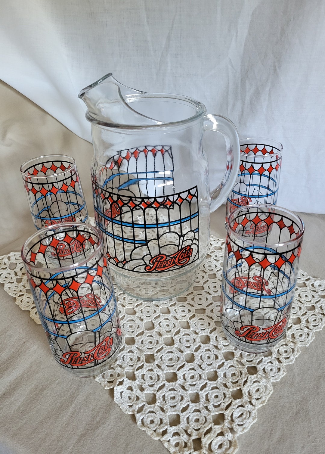 Vintage Pepsi Colatiffany Stained Glass Pitcher and Tumbler Glasses Set ...