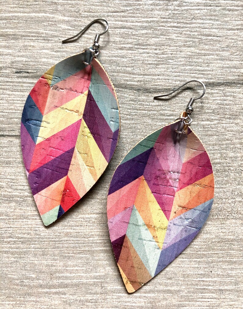 Cork Pinched Leaf Earrings Chevron Earrings Lightweight - Etsy