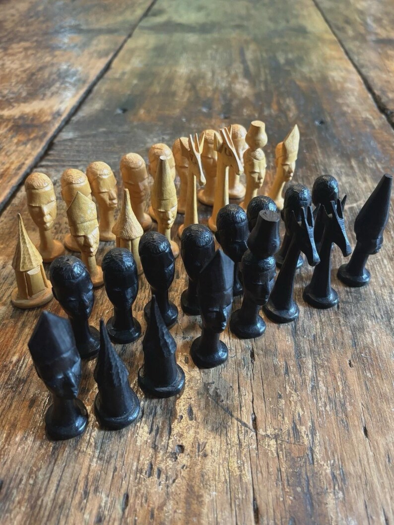 Vintage African Wooden Carved Chess Pieces Full Set - Etsy