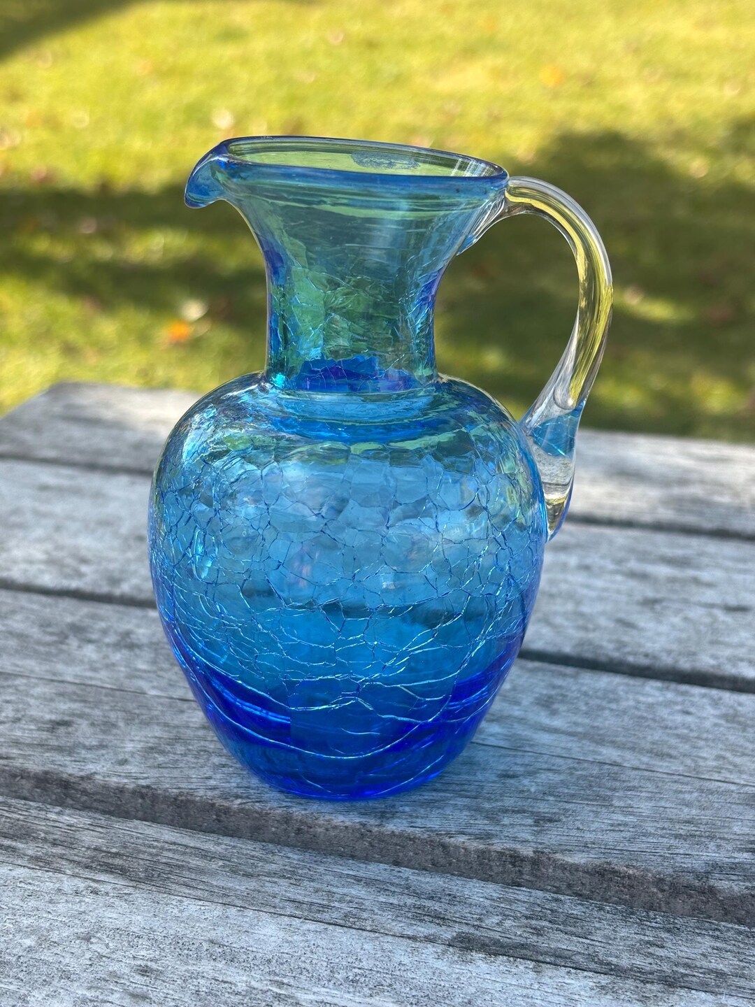 Vintage Blue Crackle Glass Small Pitcher |blown Glass | Hand Blown ...