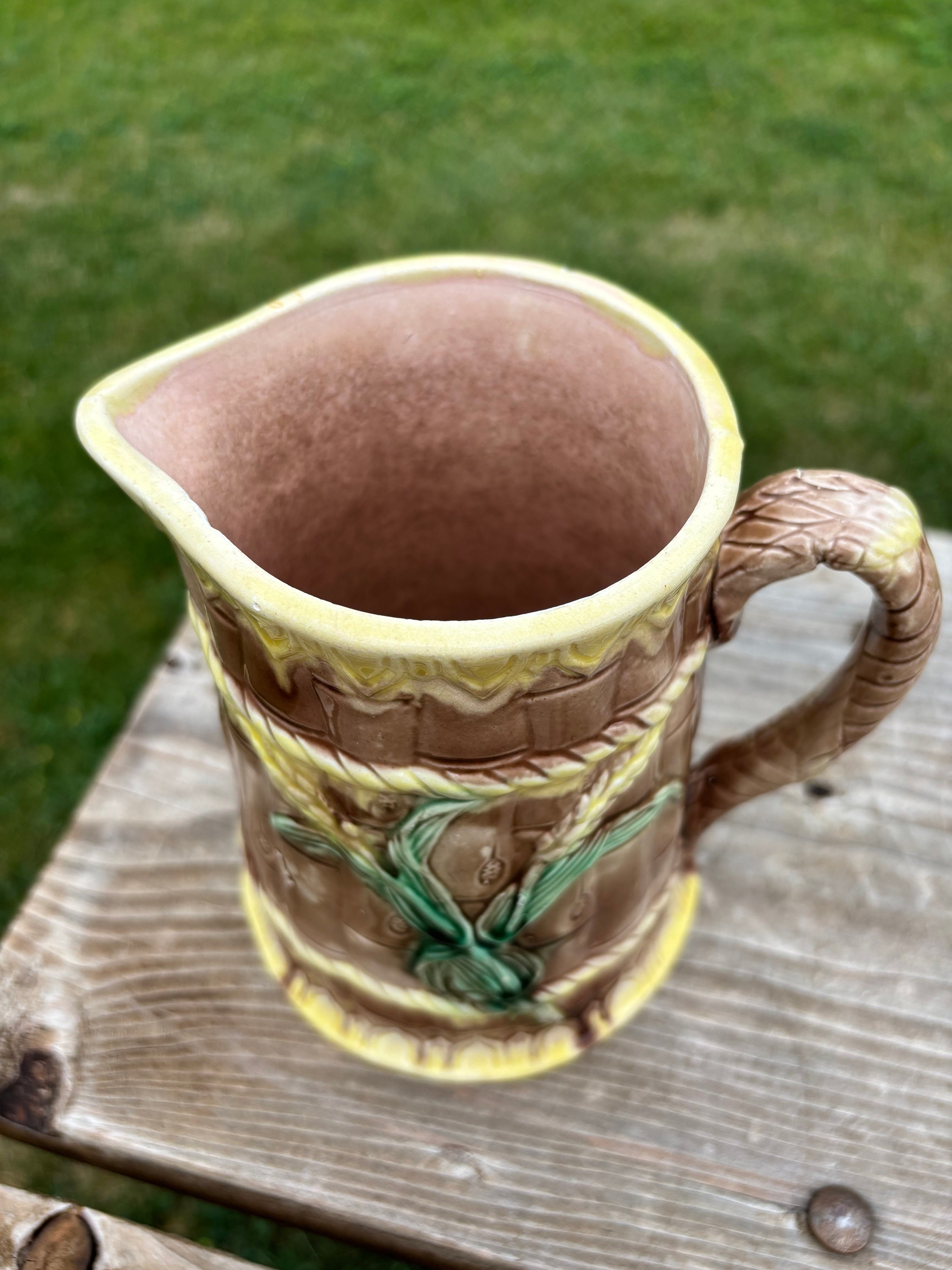 Antique 1870s Majolica Wheat Pitcher | Brown | Ironstone | Yellow ...
