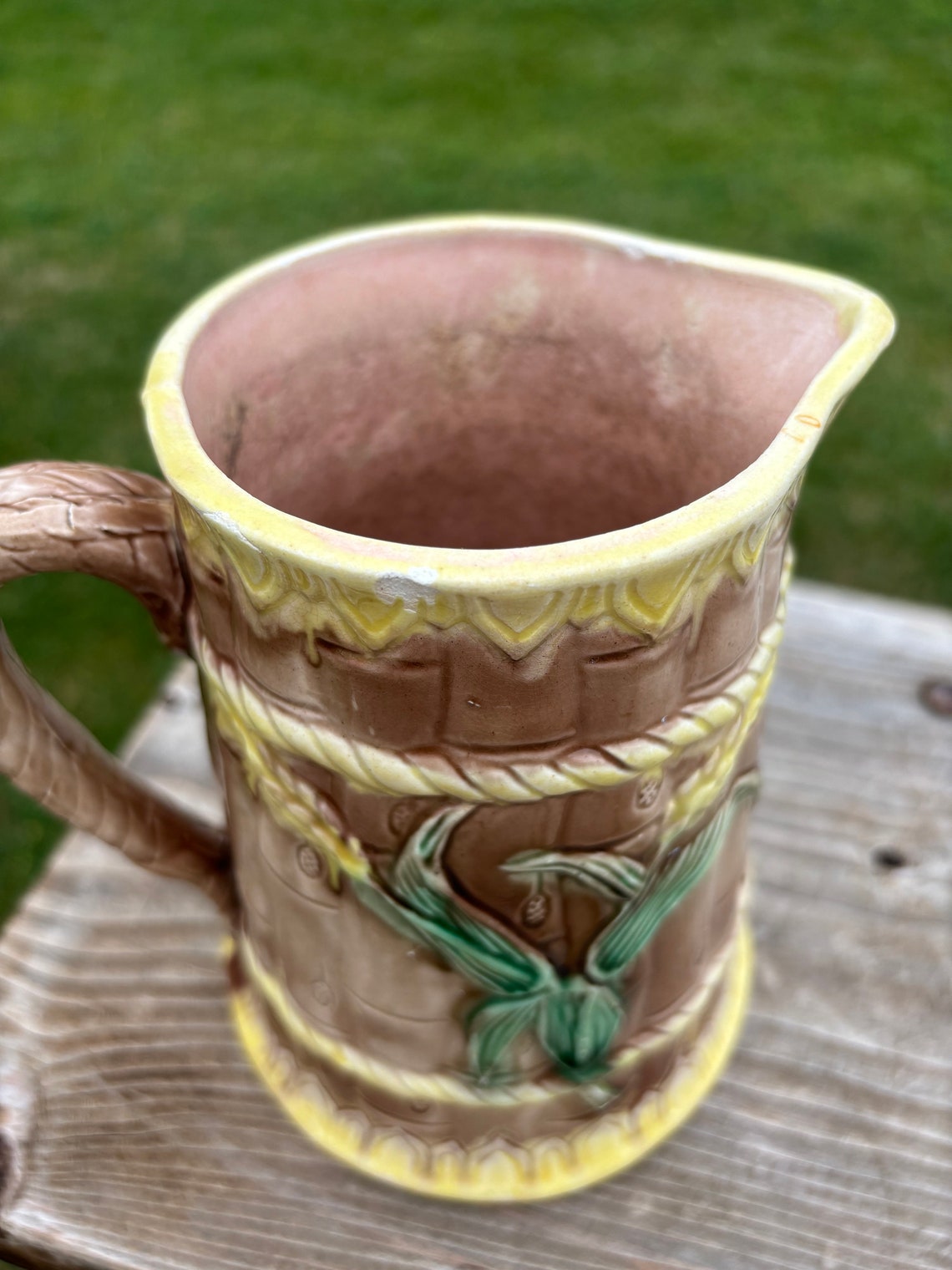 Antique 1870s Majolica Wheat Pitcher | Brown | Ironstone | Yellow ...