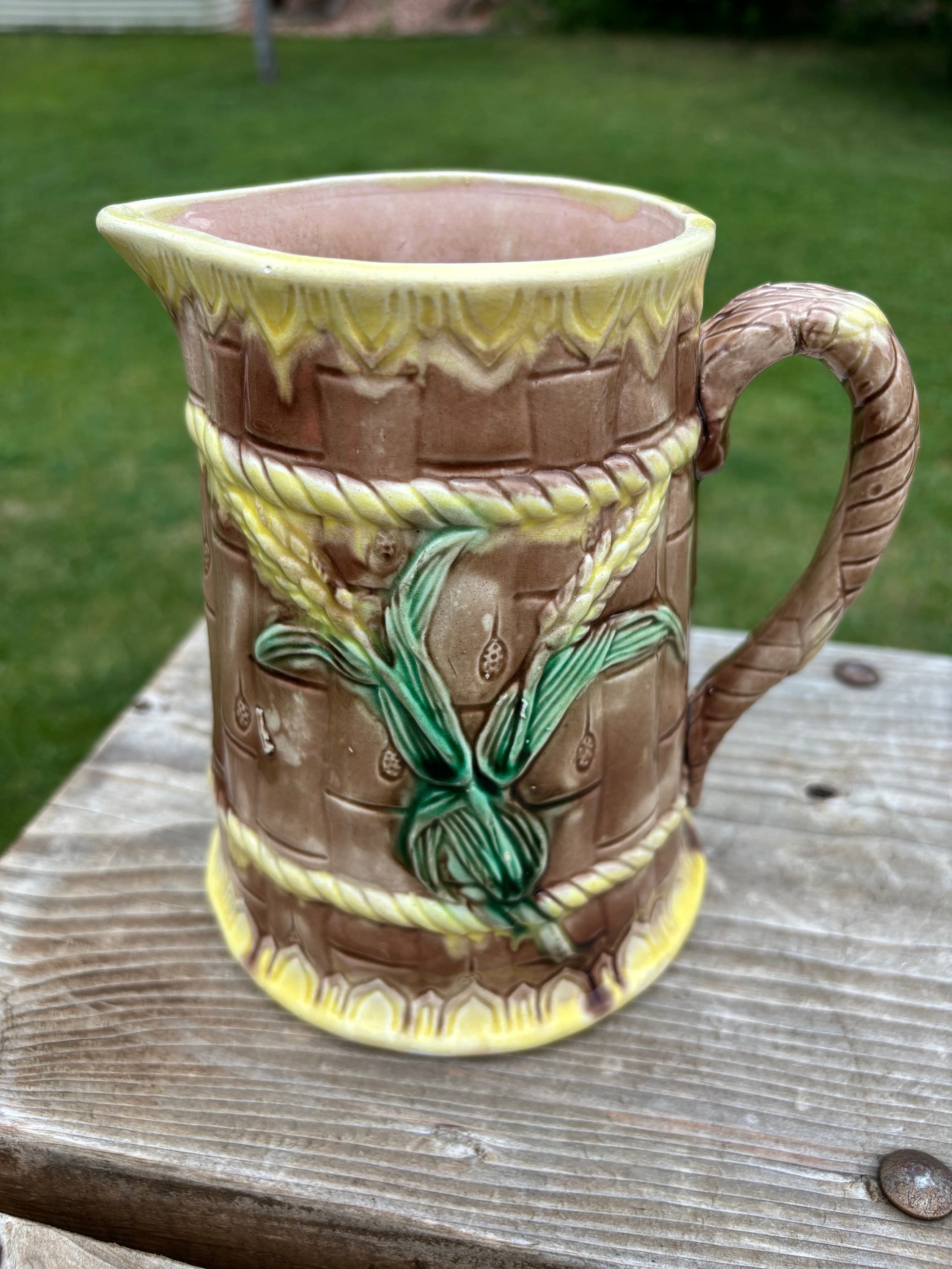 Antique 1870s Majolica Wheat Pitcher | Brown | Ironstone | Yellow ...