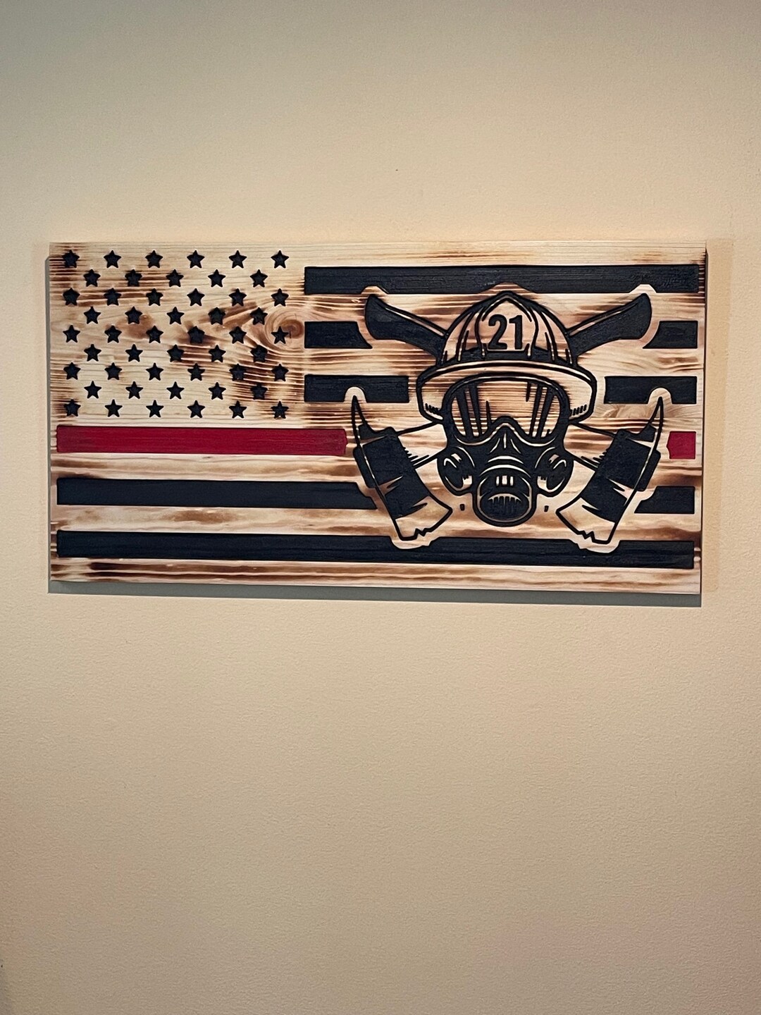 Thin Red Line Firefighter American Flag Carved Wooden Wall Art - Etsy