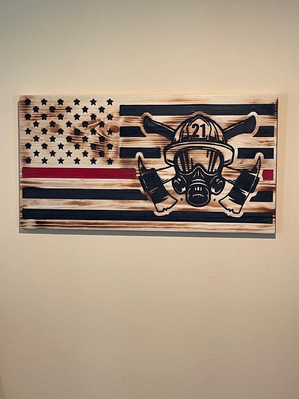 Thin Red Line Firefighter American Flag Carved Wooden Wall Art | Etsy