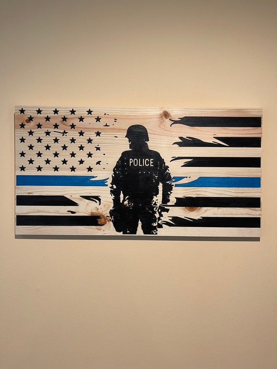 Thin Blue Line Police Officer Distressed American Flag Carved | Etsy