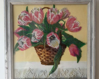 Beadwork on Natural Art Canvas Freshness, Handmade Embroidered Picture ...