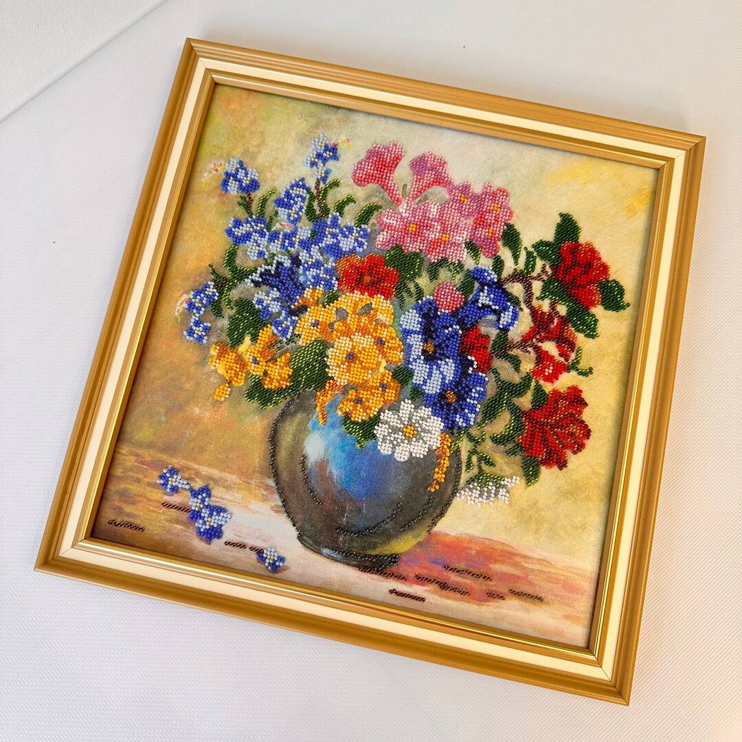 Finished Beadwork on Natural Art Canvas "meadow Flowers", Hand ...